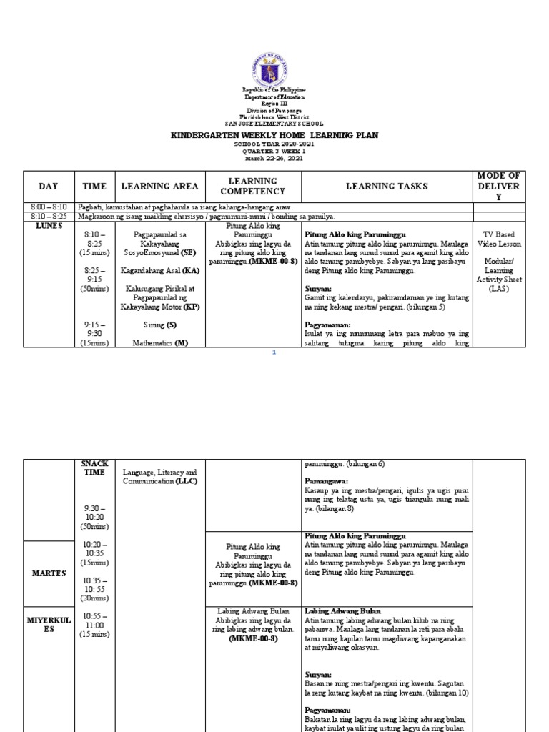 Weekly Kindergarten Home Learning Plan for Quarter 3 Week 1 | PDF