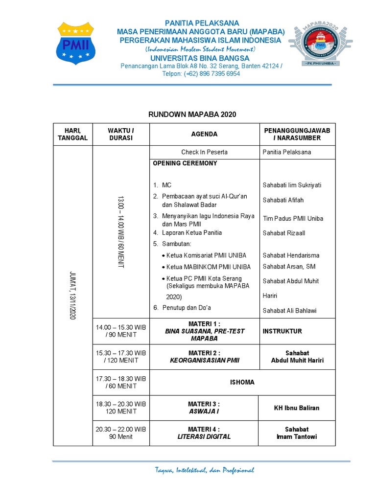 JADWAL PELAKSANAAN MAPABA PMII UNIBA 2020 | PDF