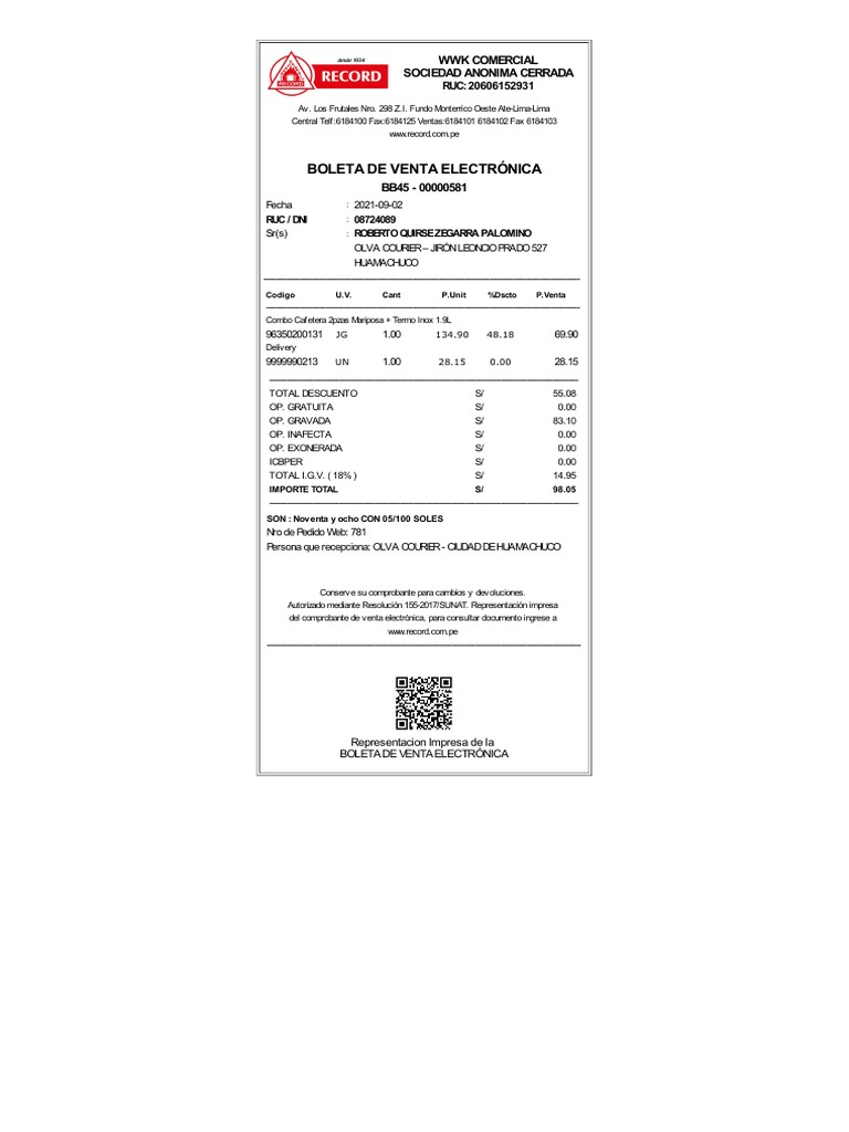 Boleta Electrónica WWK Comercial | PDF