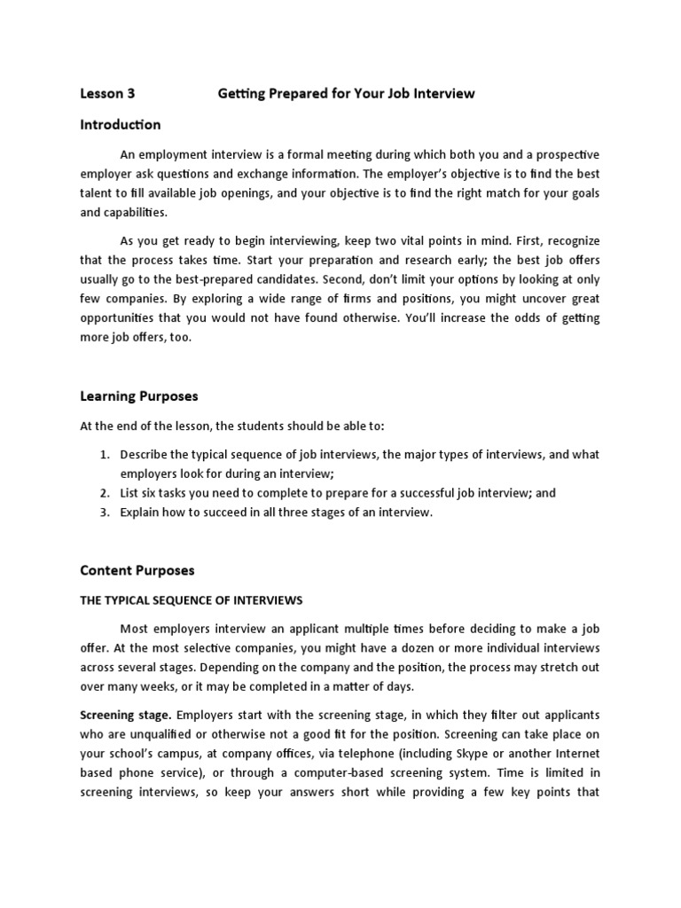 Lesson 3 Getting Prepared For Your Job Interview: The Typical Sequence ...