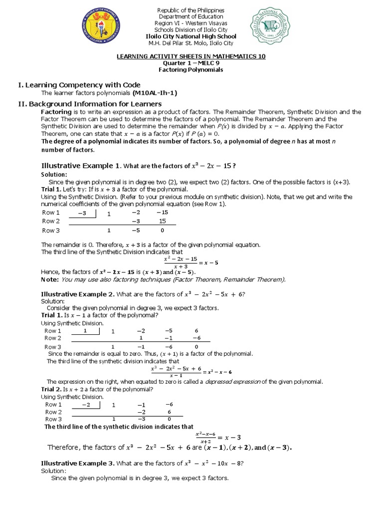 Math 10: Factoring Polynomials | PDF | Factorization | Polynomial