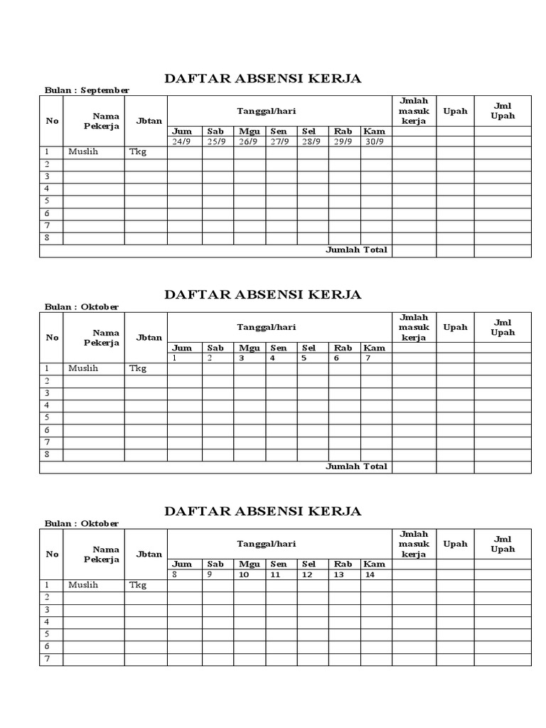 Daftar Absensi Karyawan Bulanan | PDF