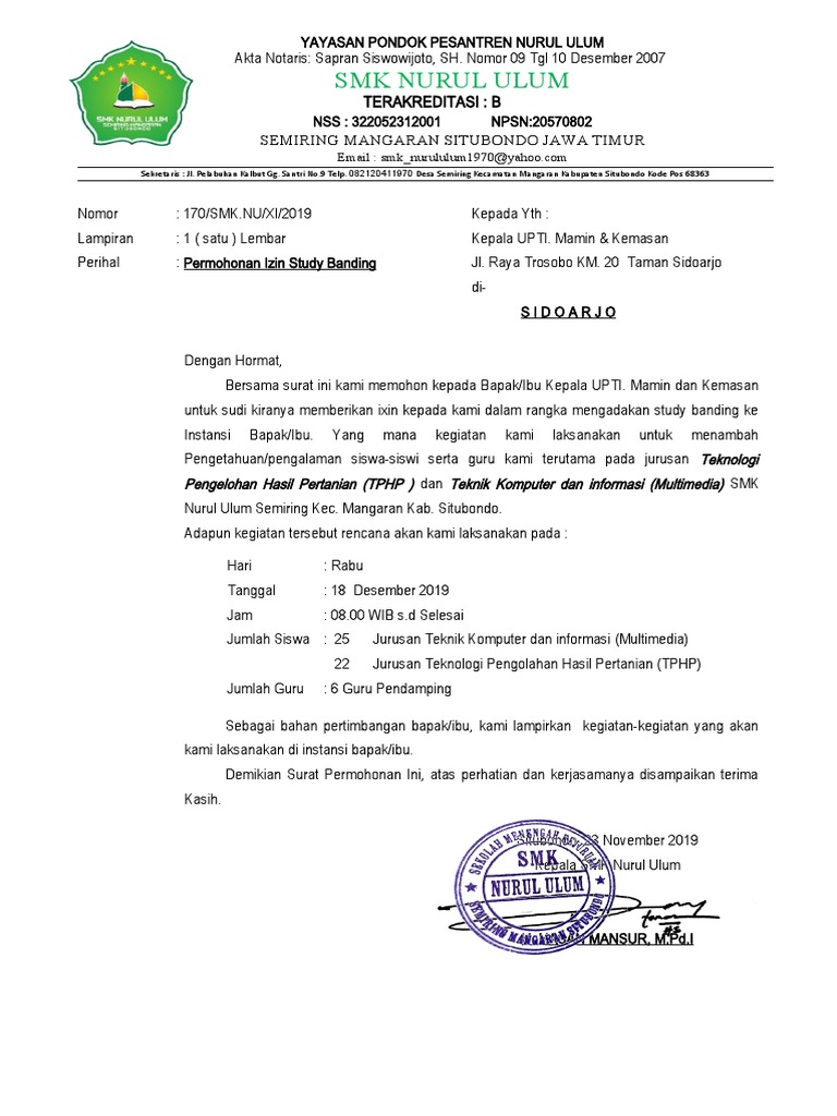 Surat Ijin Study Banding 2019 | PDF