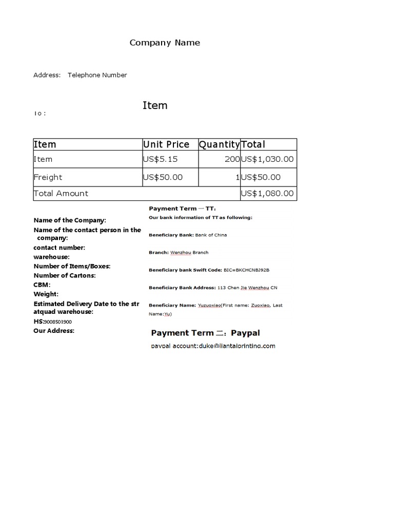 Item Unit Price Quantity Total: Company Name | PDF | Business