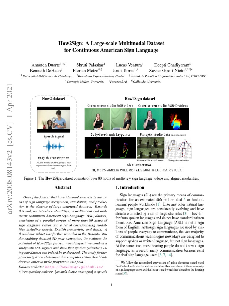 How2Sign: A Large-Scale Multimodal Dataset For Continuous American Sign Language | PDF ...
