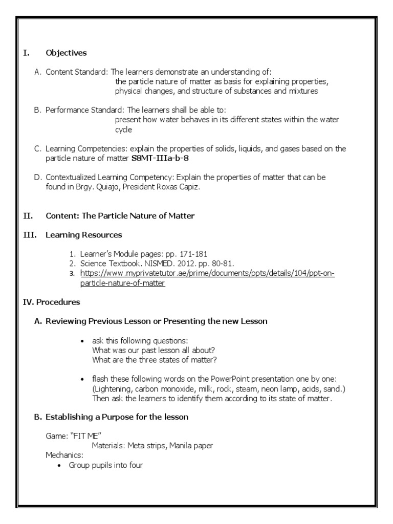 Explaining the Particle Nature of Matter: A Lesson Plan on the ...