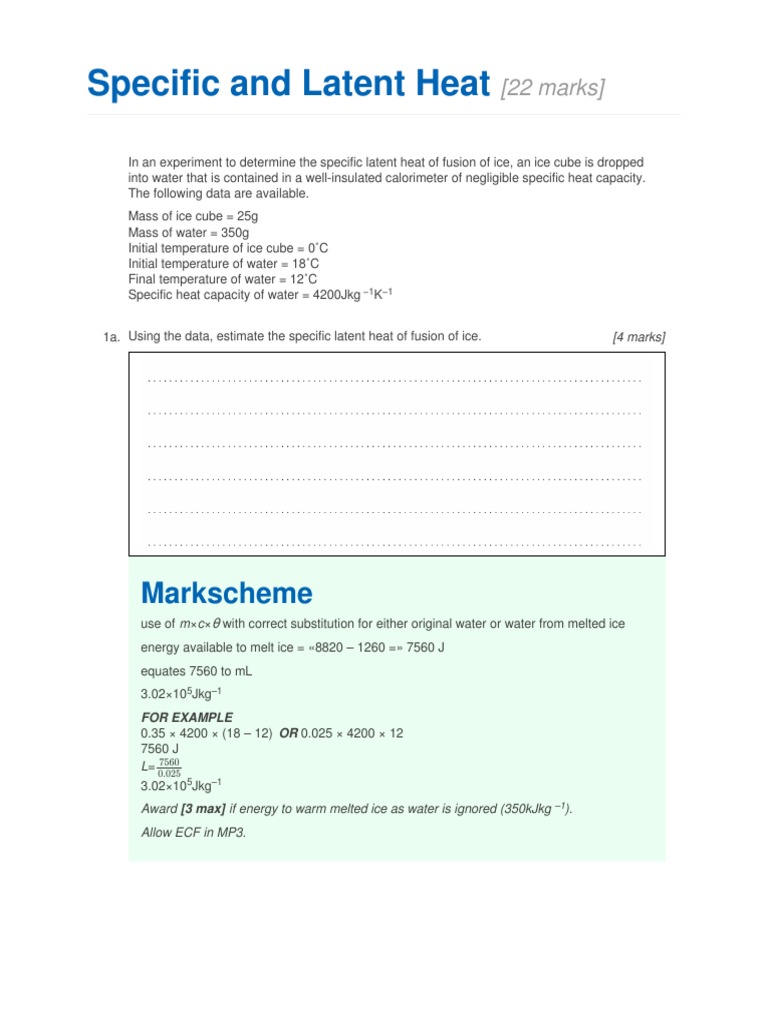 Specific and Latent Heat: Markscheme | PDF | Heat | Ice