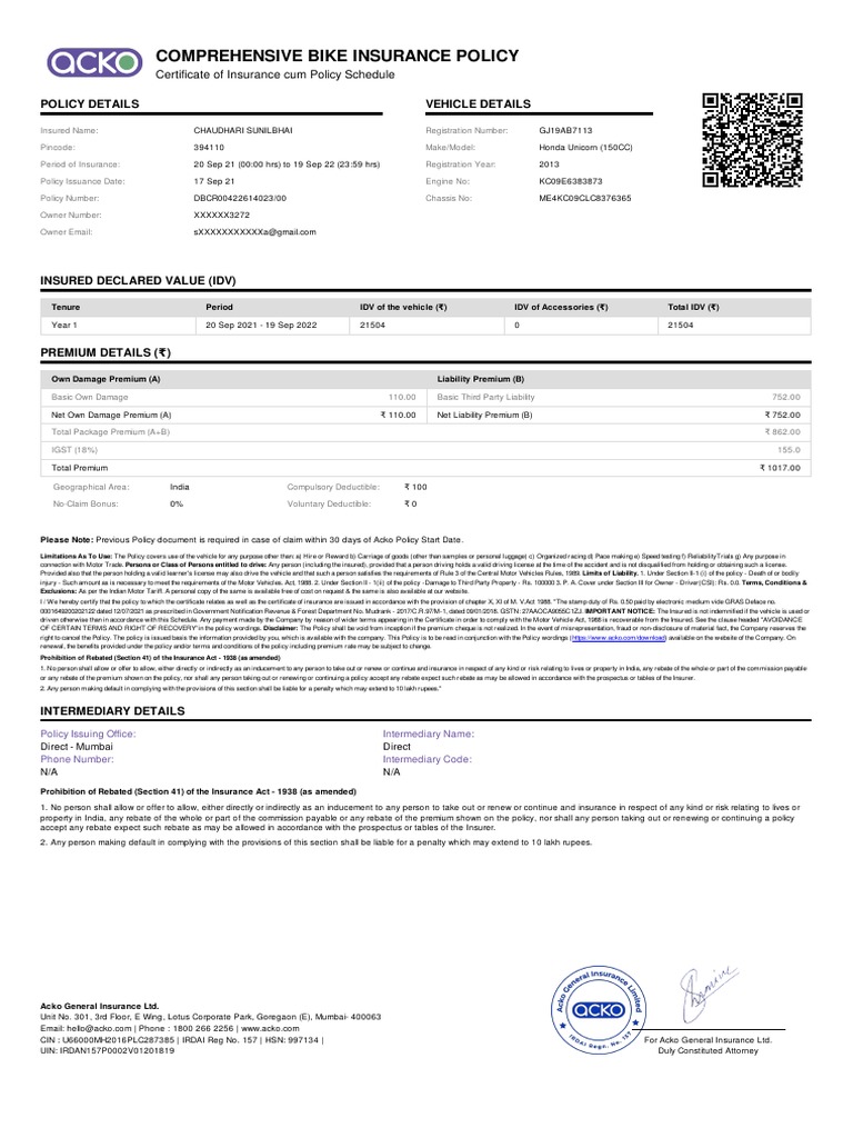 Bike Insurance Policy Details | PDF | Insurance | Liability Insurance