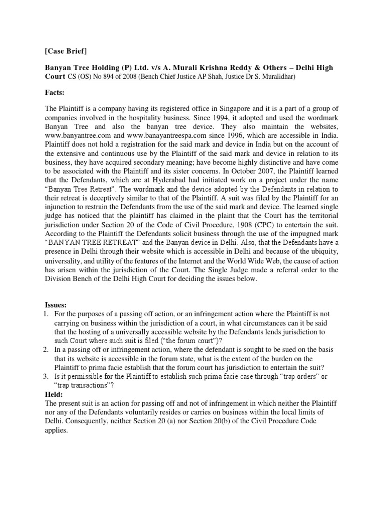 Banyan Tree Case Brief | PDF | Lawsuit | Jurisdiction