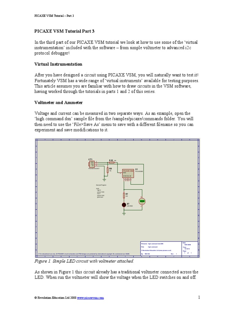 PICAXE VSM Tutorial Part 3: Figure 1. Simple LED Circuit With Voltmeter ...