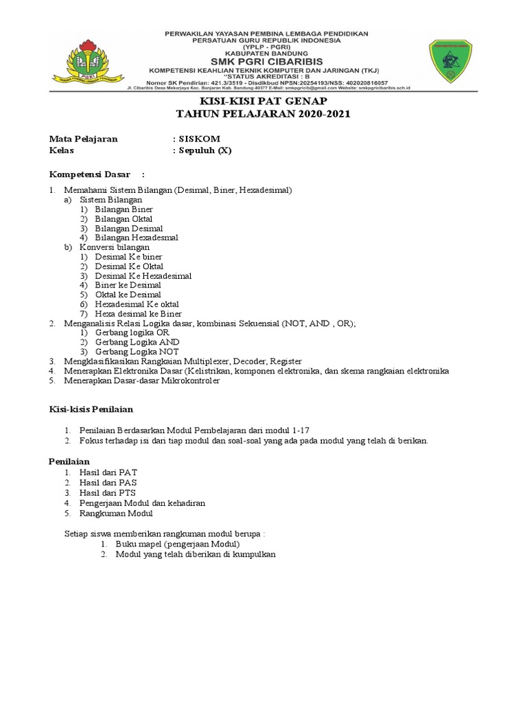 Kisi-Kisi PAT SISKOM 2021 | PDF