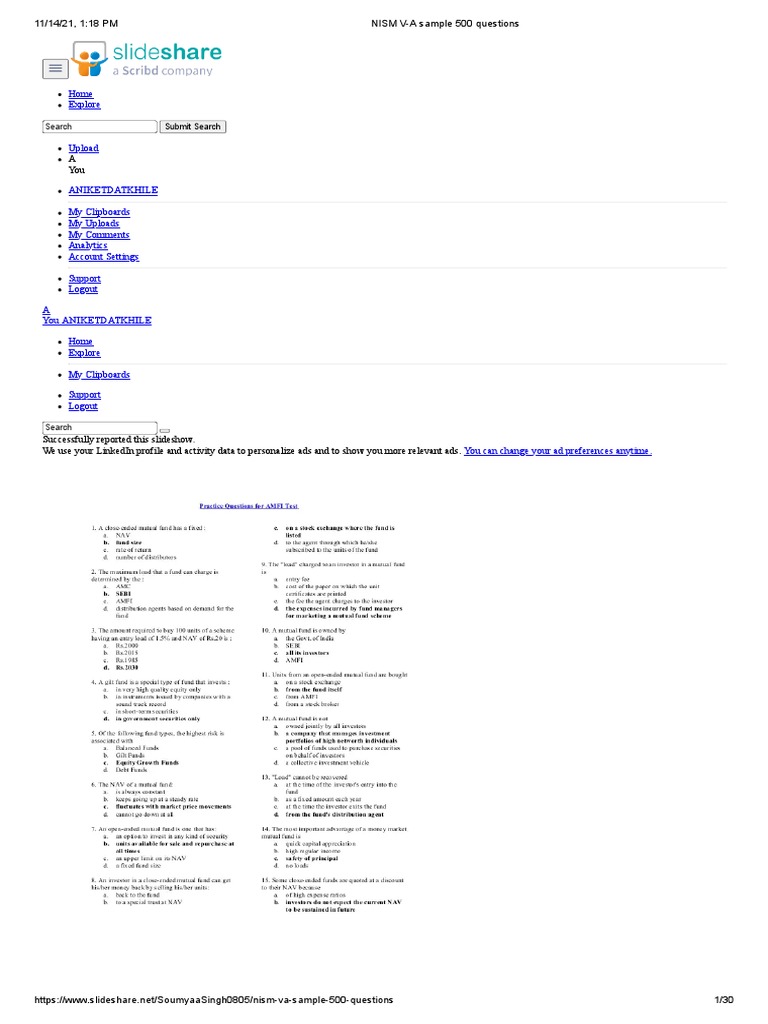 NISM V-A Sample 500 Questions | PDF | Mutual Funds | Stocks