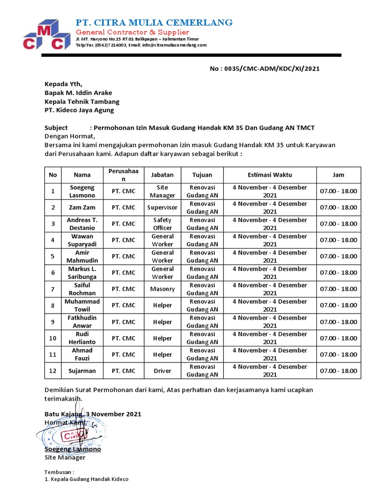 003-Surat Permohonan Izin Masuk Gudang Handak KM 35 Dan Gudang An 28092021 | PDF