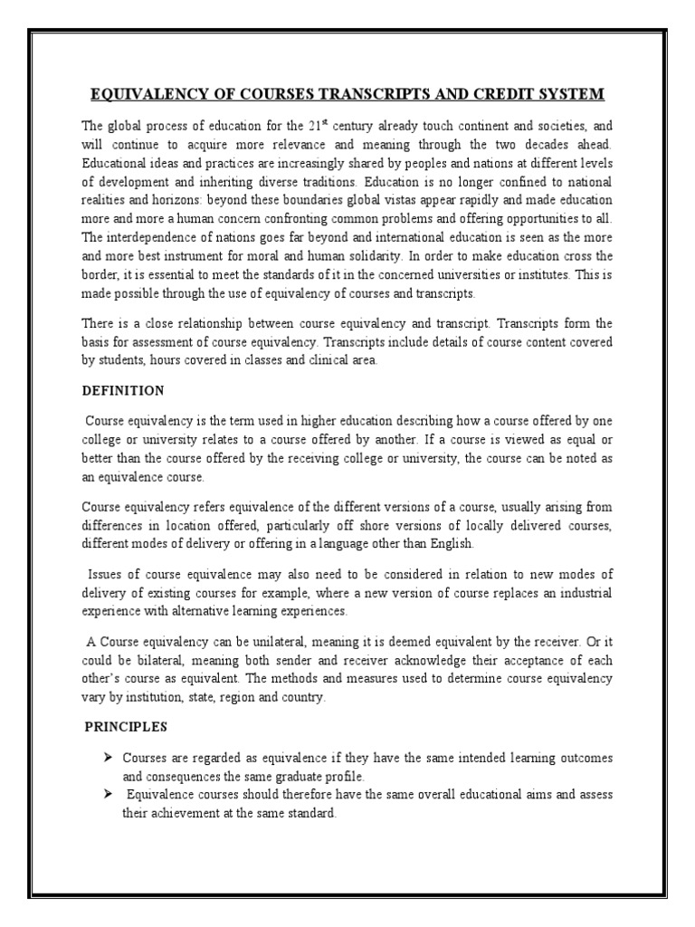 Equivalency of Courses Transcripts and Credit System | PDF | Course ...