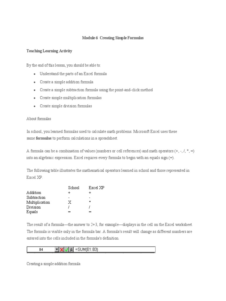 6 Creating Simple Formulas Pdf Microsoft Excel Multiplication