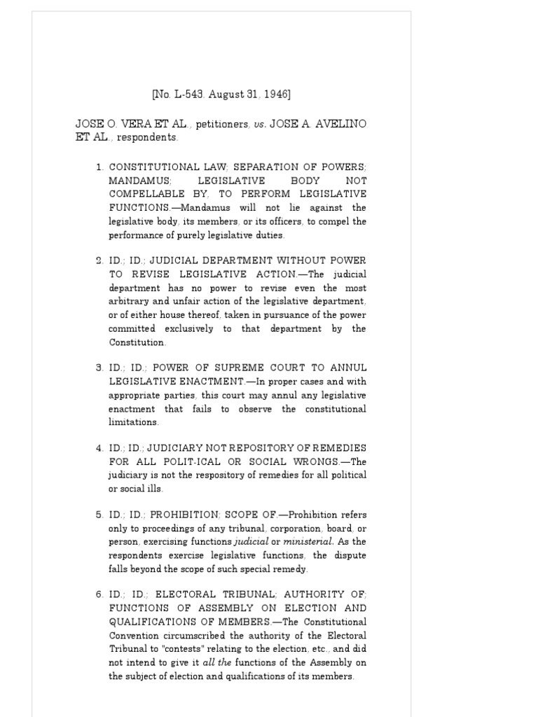 Vera v. Avelino, G.R. No. L-543, 31 August 1946 | PDF | Supreme Courts ...