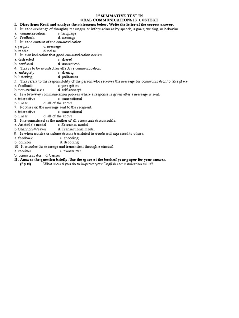 1 Summative Test in Oral Communications in Context I. Directions: Read ...