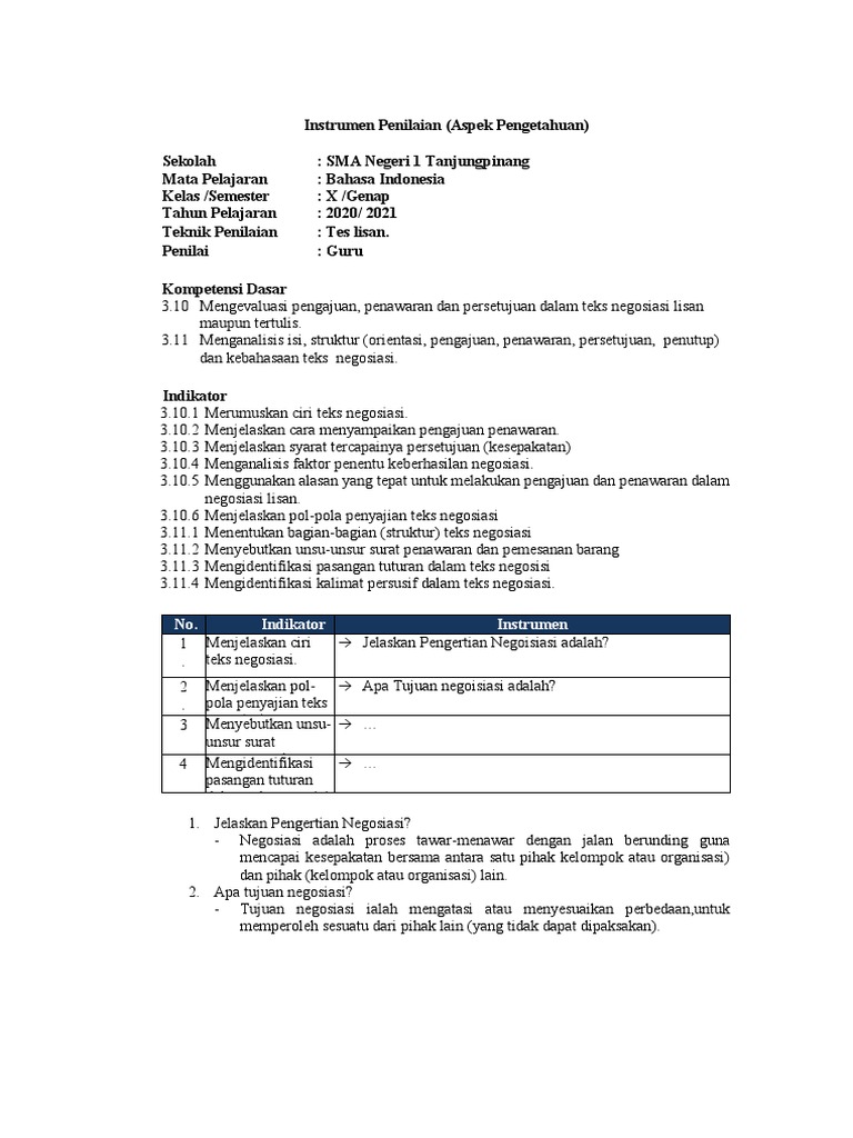 13.instrumen Penilaian Tes Lisan RPP 6 | PDF