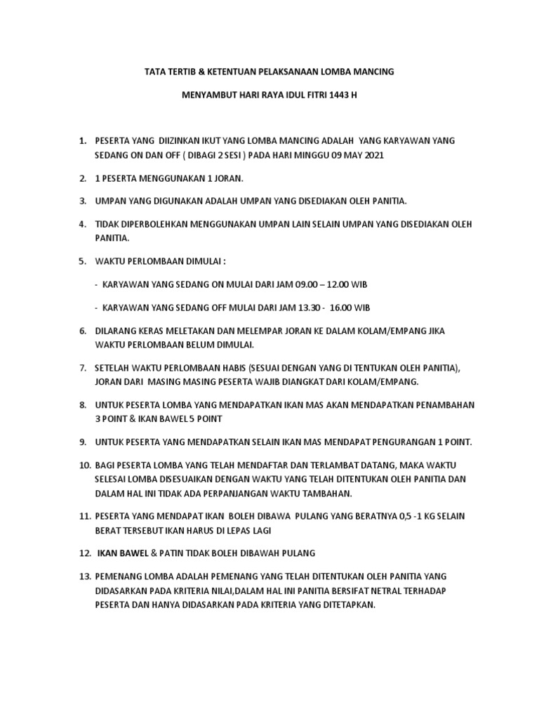 Peraturan Lomba Mancing Idul Fitri | PDF