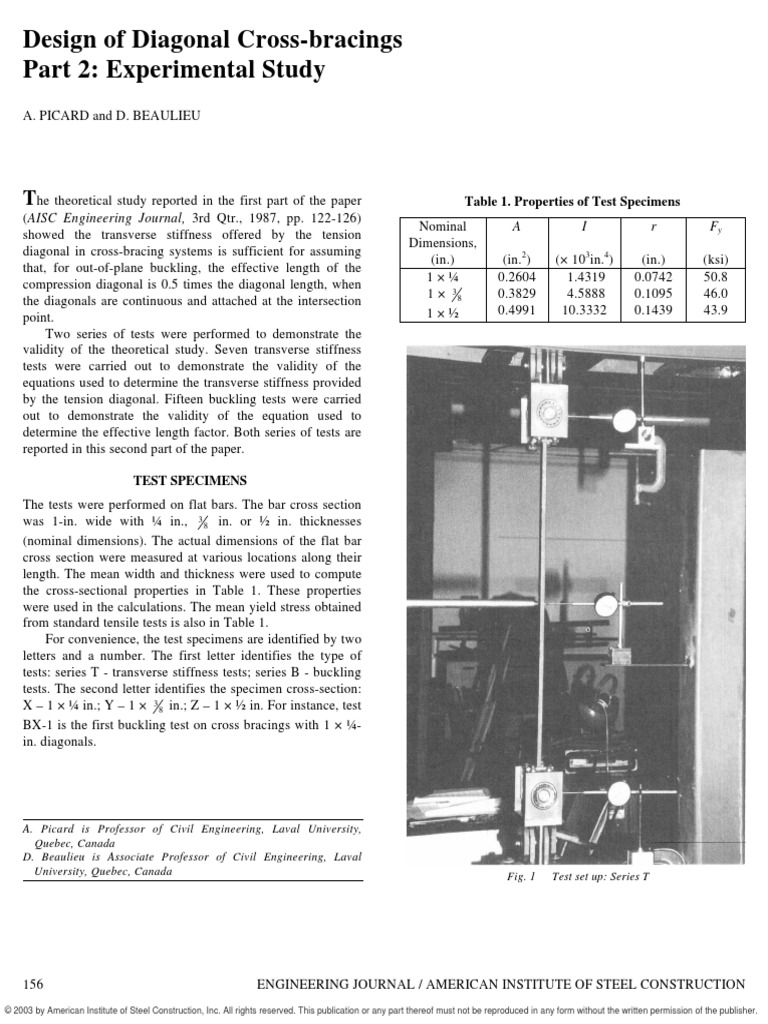 Design of Diagonal Cross Bracings Part 2 Experimental Study PDF ...