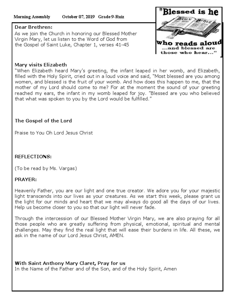 Morning Assembly October 07, 2019 Grade 9-Ruiz Dear Brethren | PDF ...