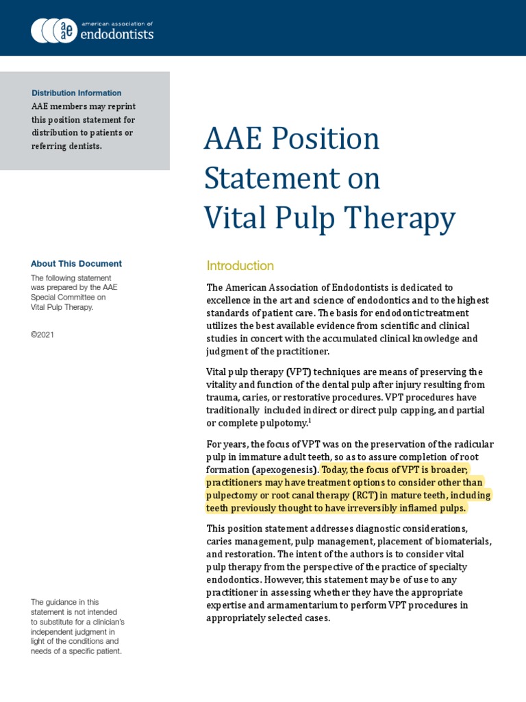 AAE Position Statement On Vital Pulp Therapy 2021 | PDF | Medical ...