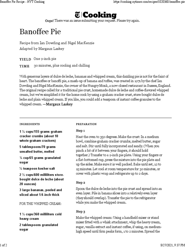 Banoffee Pie: Recipe From Ian Dowding and Nigel Mackenzie Adapted by ...