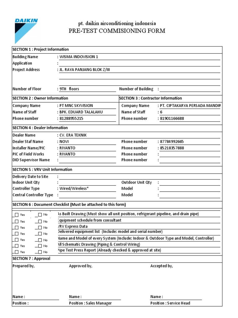 DID F SV 39 Form Pre Test Commissioning1 | PDF | Retail | Hotel