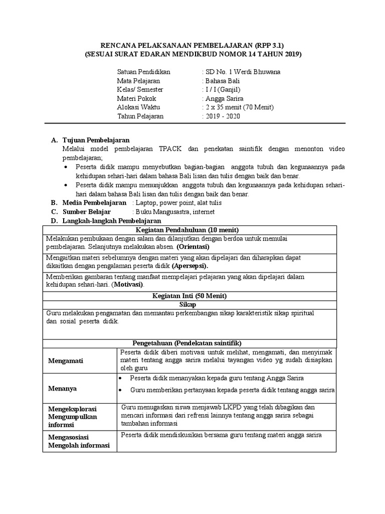 RPP Bahasa Bali Kelas 1: Angga Sarira | PDF