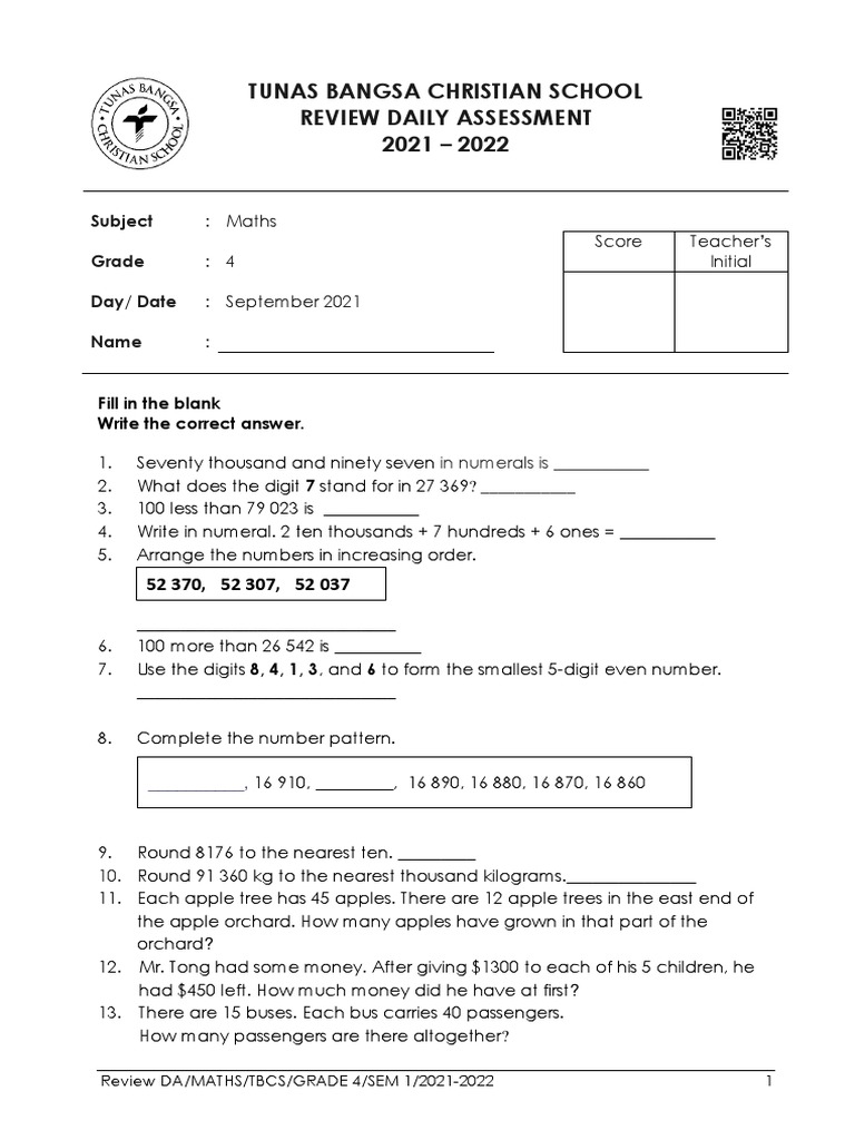 Answer Key Review DA Maths Grade4 | PDF