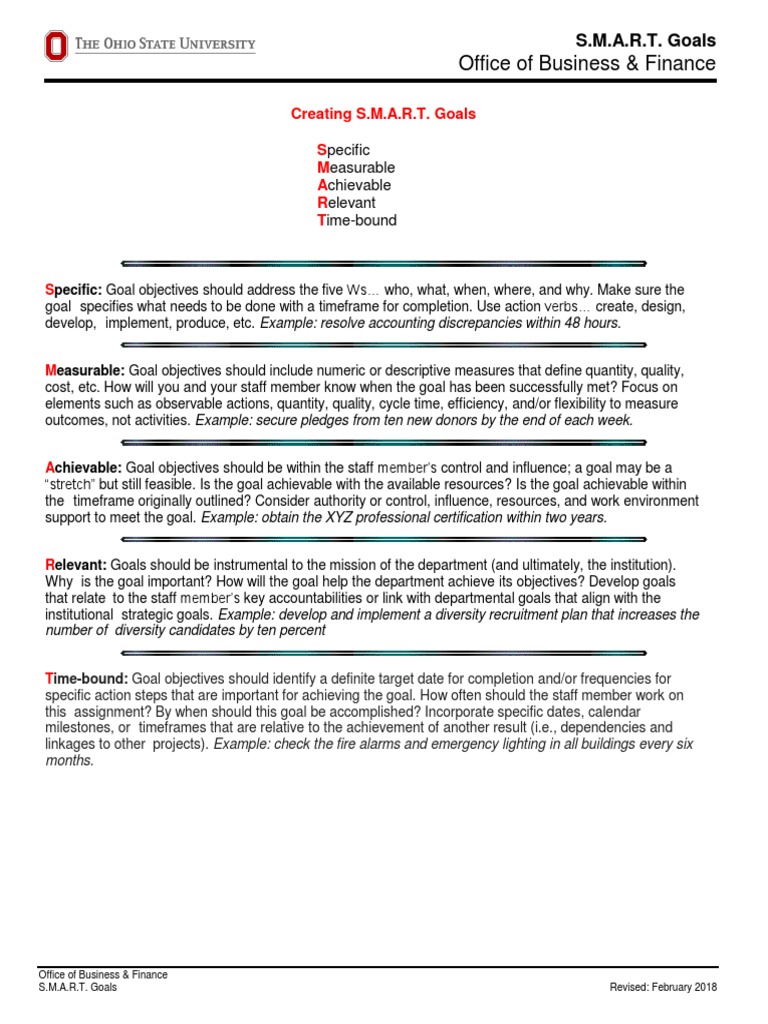 Office Of Business Finance Creating S M A R T Goals S M A R T Pdf