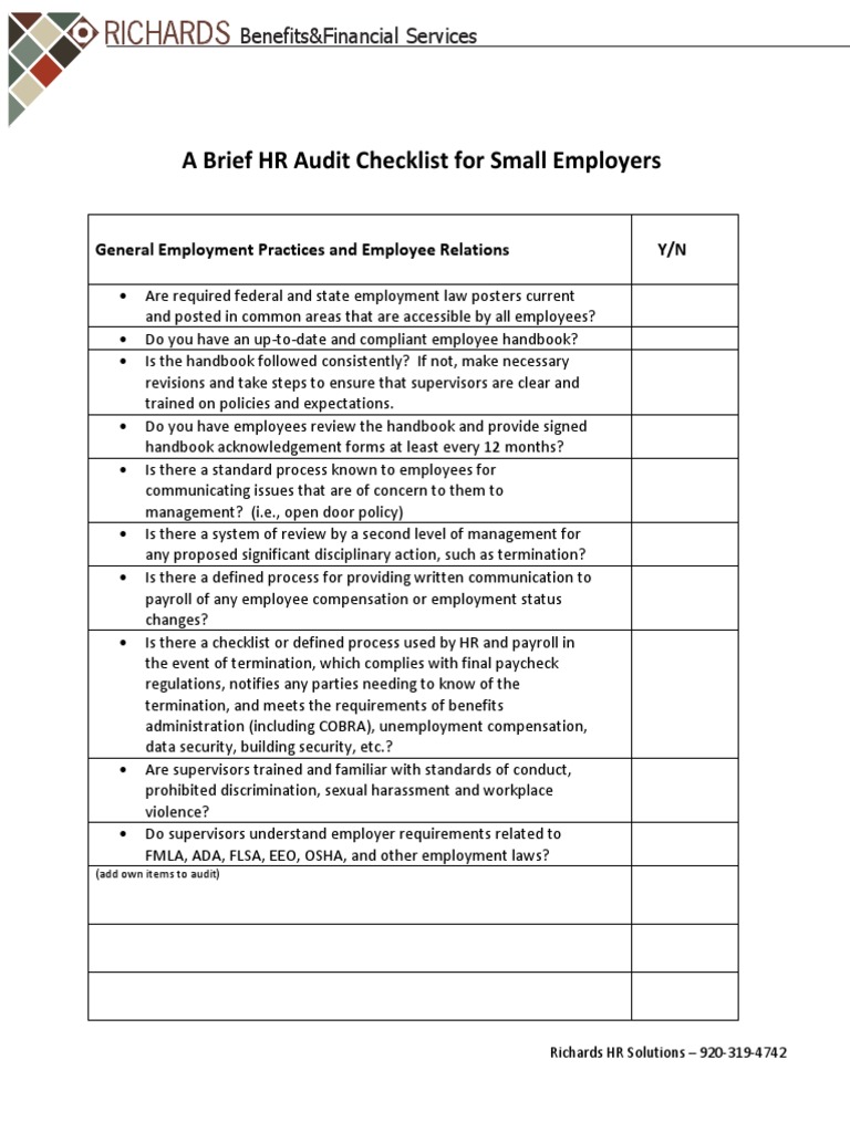 A Brief HR Audit Checklist For Small Employers: General Employment ...