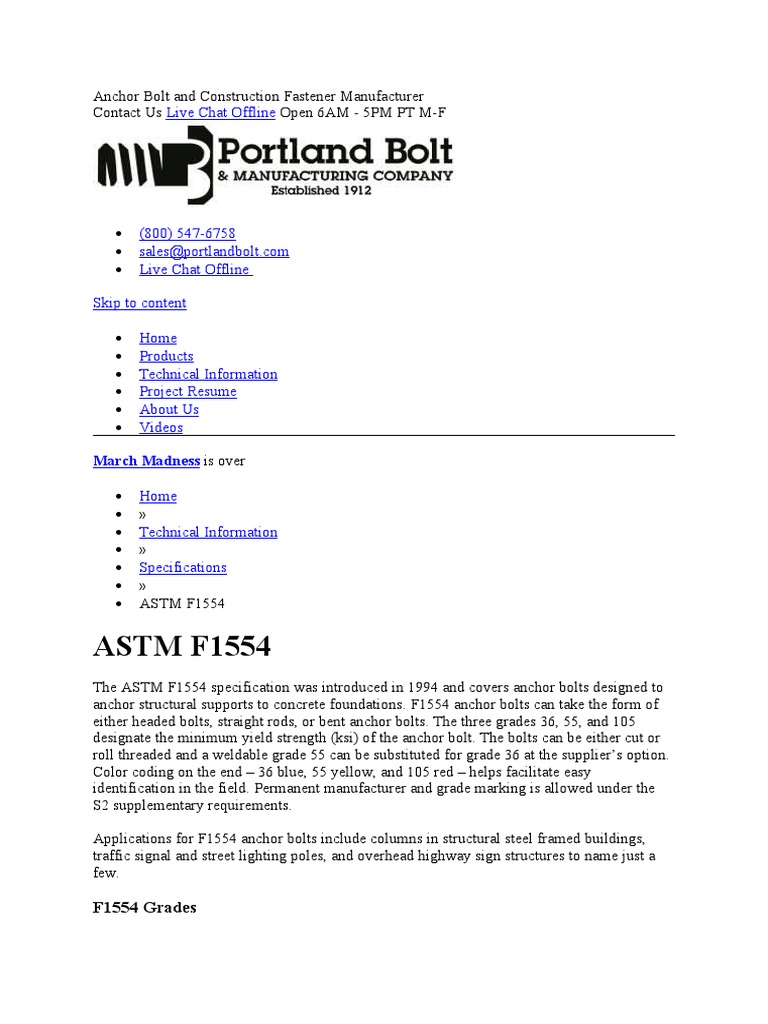 Anchor Bolt ASTM F1554 - Properties | PDF | Screw | Economic Sectors