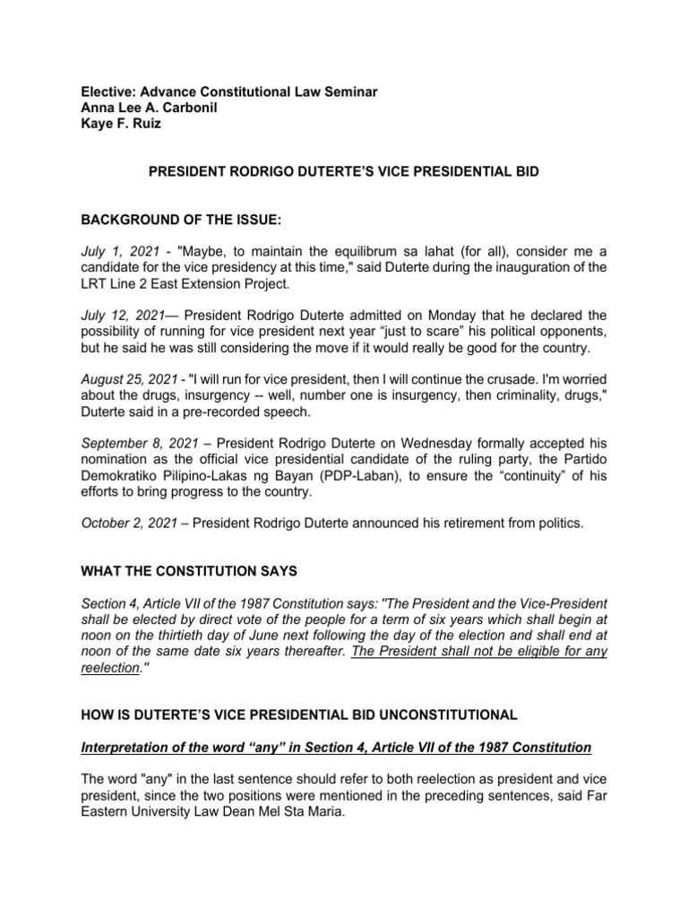 Elective: Advance Constitutional Law Seminar Anna Lee A. Carbonil Kaye ...