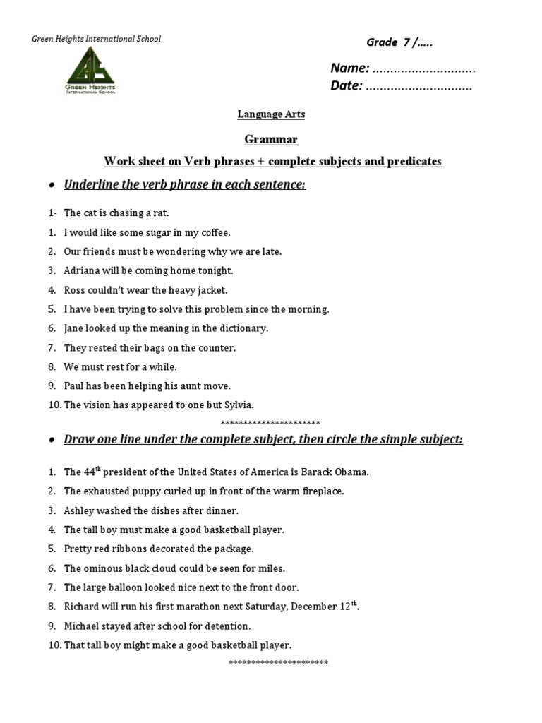 Verb Phrases and Subjects Worksheet | PDF | Predicate (Grammar ...