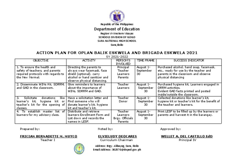 Department of Education: Action Plan For Oplan Balik Eskwela and Brigada Eskwela 2021 | PDF