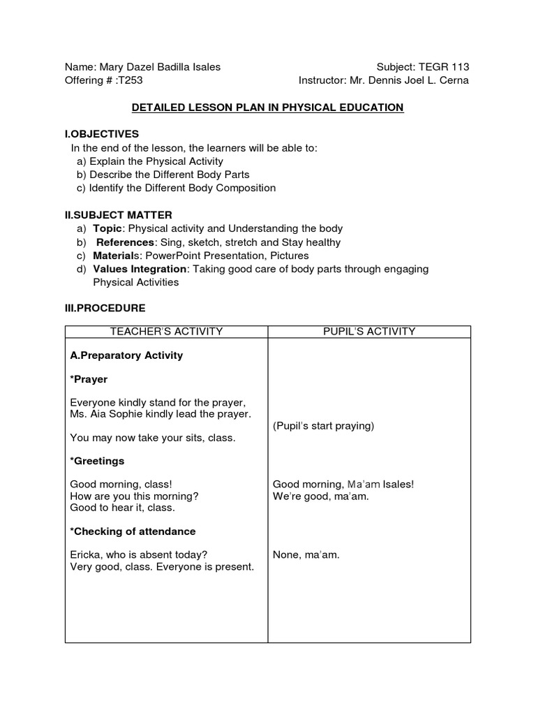 Detailed Lesson Plan in Physical Education I.Objectives | PDF ...