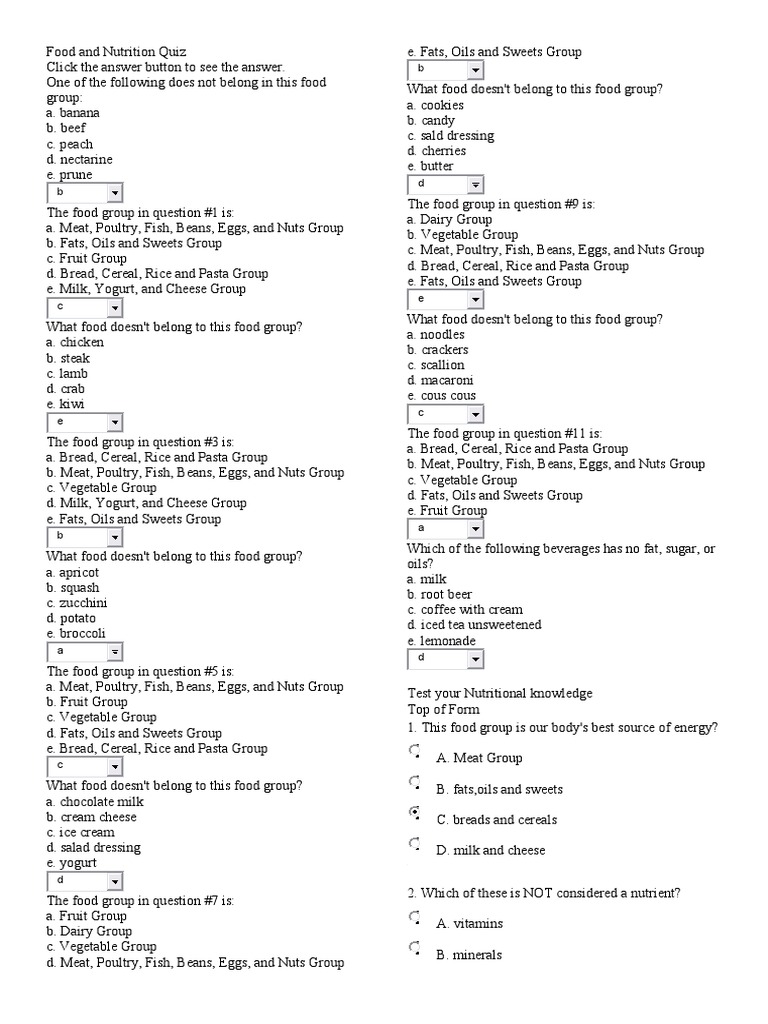 Nutrition Quiz Questions and Answers | PDF | Vitamin | Foods