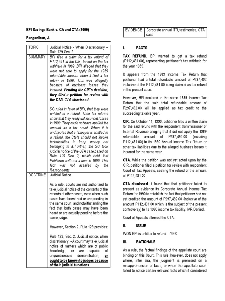 BPI V CA - CTA | PDF | Tax Refund | Taxes