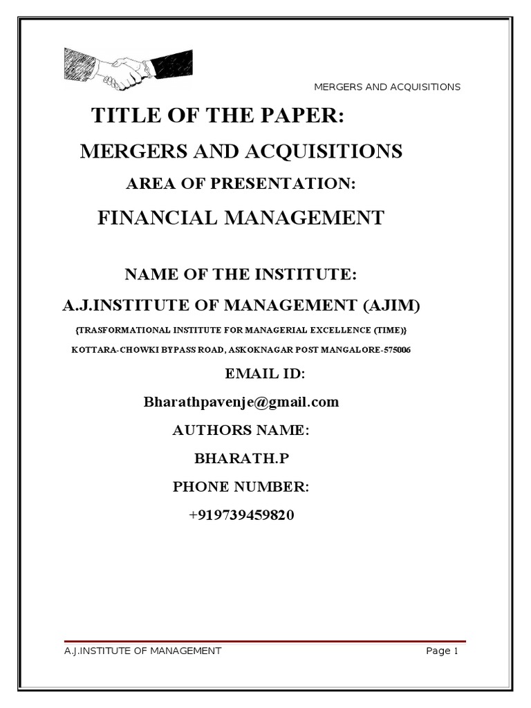 Title of The Paper:: Mergers and Acquisitions Financial Management ...
