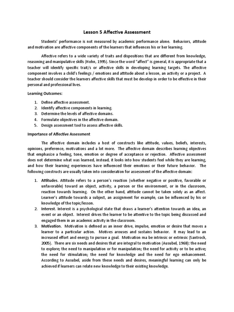 Lesson 5 Affective Assessment: Learning Outcomes | PDF | Affect ...
