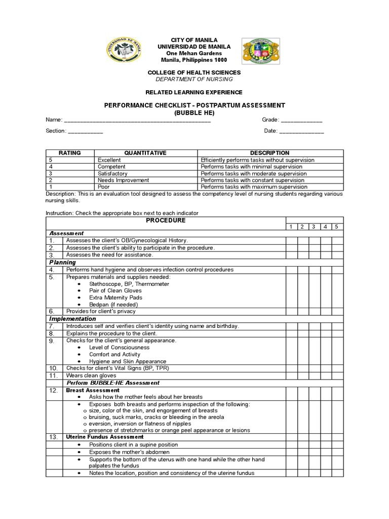 Postpartum Assessment Checklist (BUBBLE HE) | PDF | Urinary Bladder ...