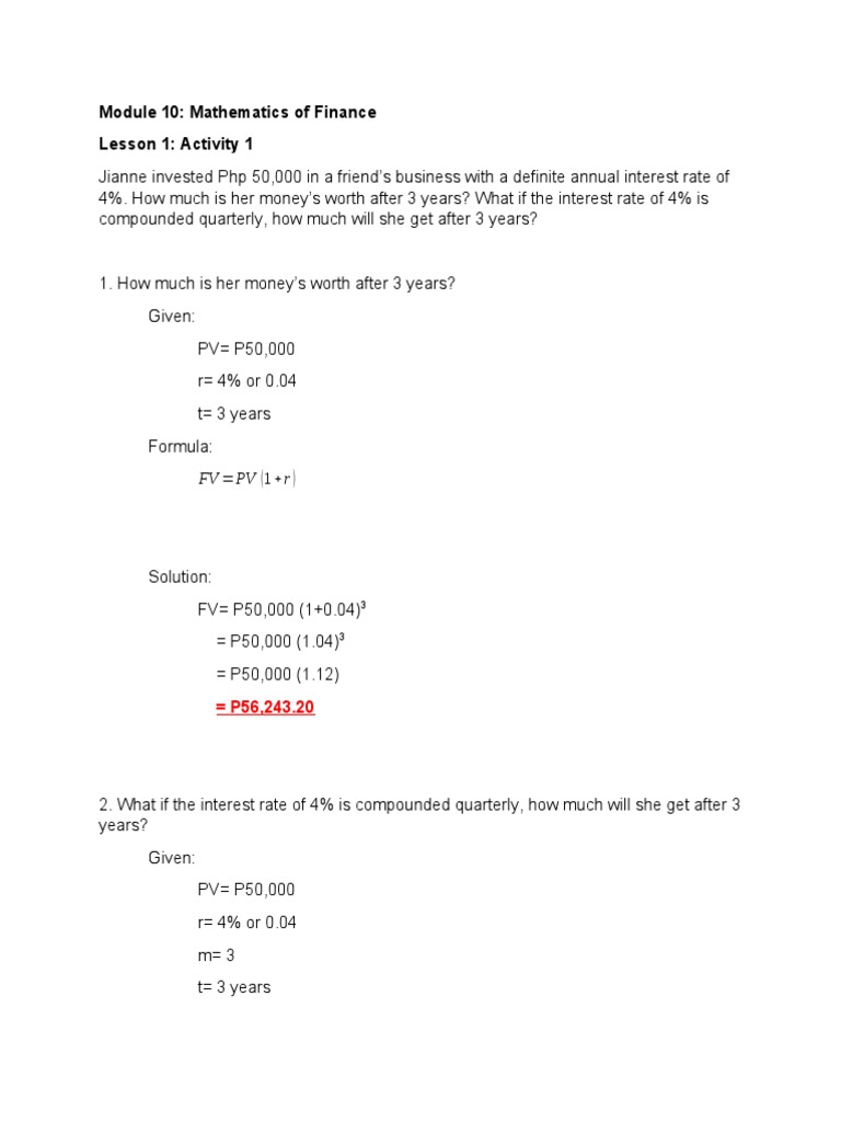 Module 10: Mathematics of Finance Lesson 1: Activity 1: FV PV (1+r ...