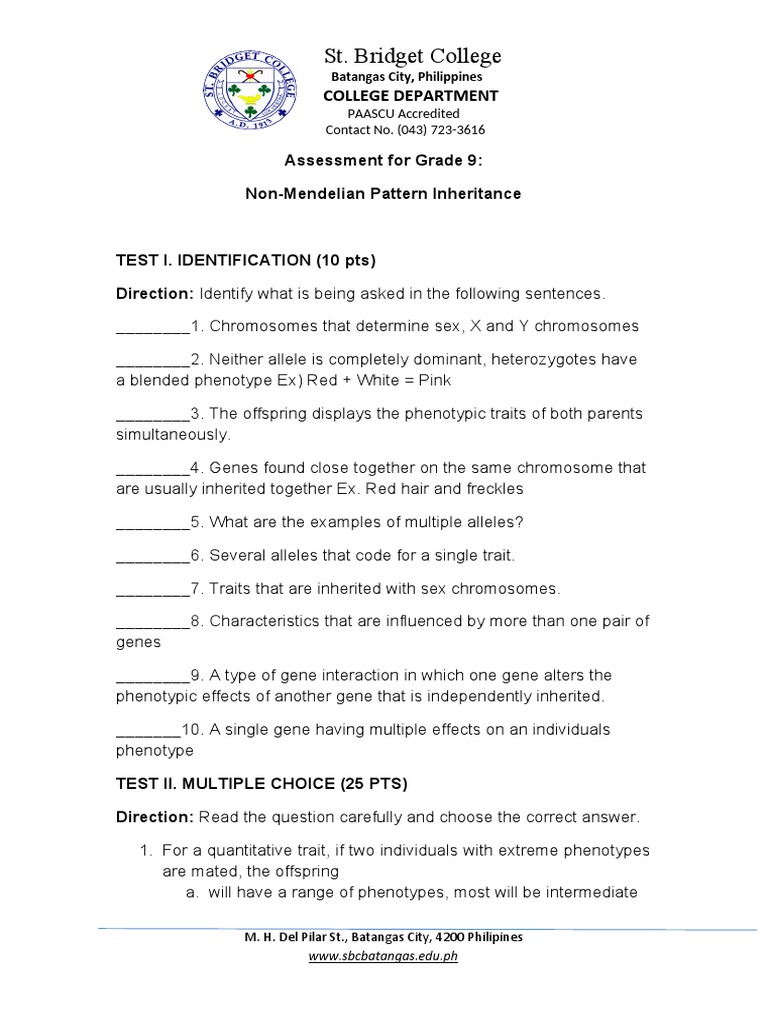 Grade.9 - Non-Mendelian Pattern Inheritance Assesment | PDF | Dominance ...