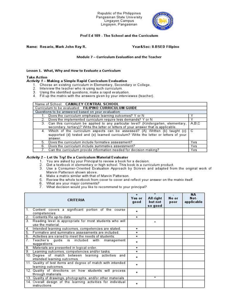 Profed 109 Rosario Mark John Rey R. Module 7 1 | PDF | Educational Assessment | Curriculum