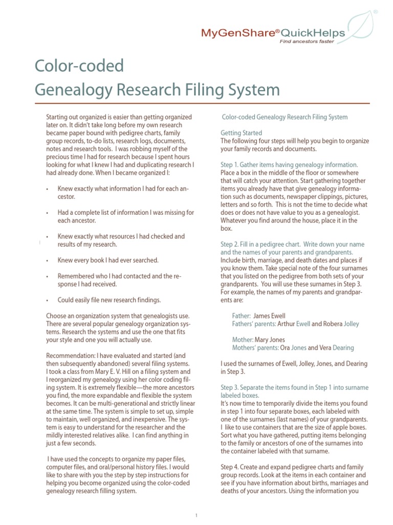 Color-Coded Genealogy Research Filing System | PDF | Genealogy ...