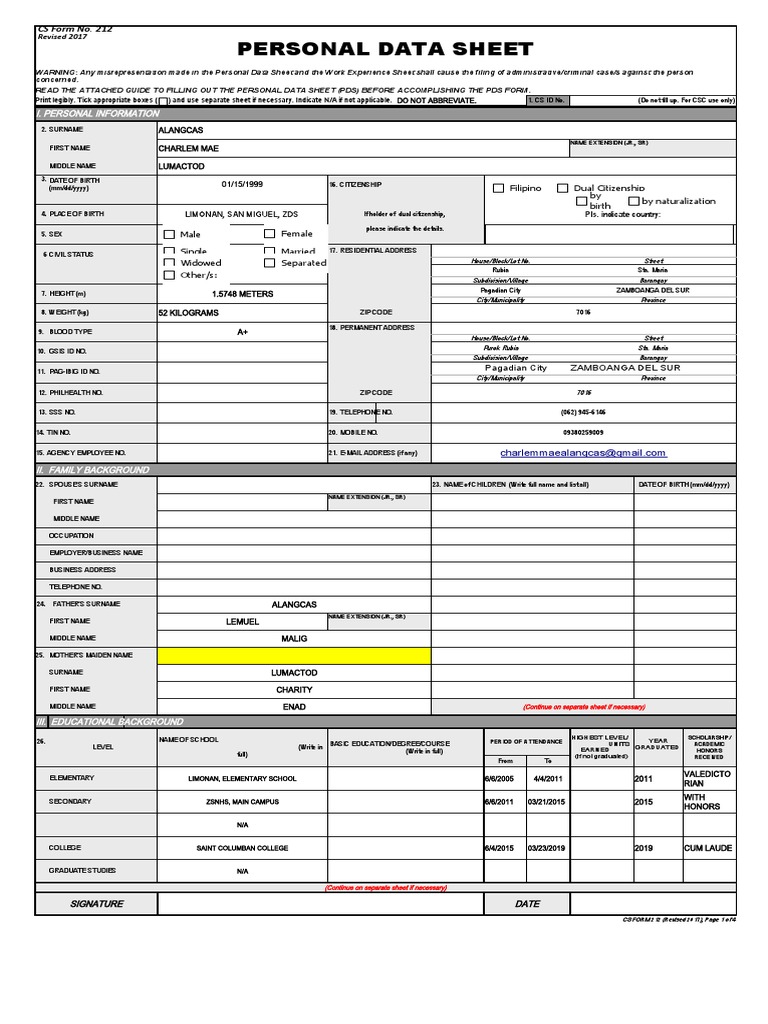 CS Form No. 212 Revised Personal Data Sheet - New | PDF | Passport ...