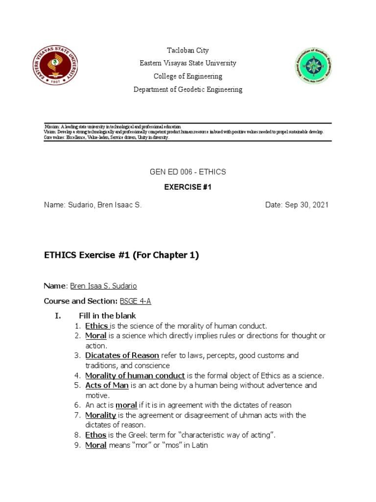 ETHICS Exercise #1 (For Chapter 1) | PDF | Morality | Science