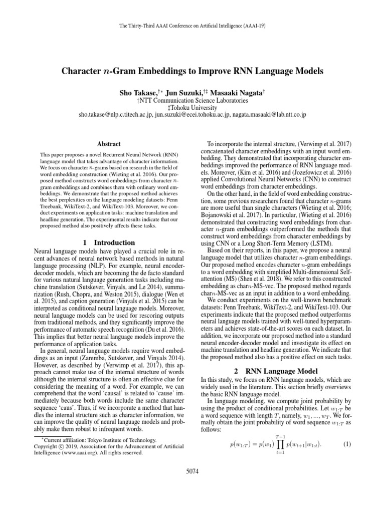 Character N-Gram Embeddings To Improve RNN Language Models: Sho Takase ...