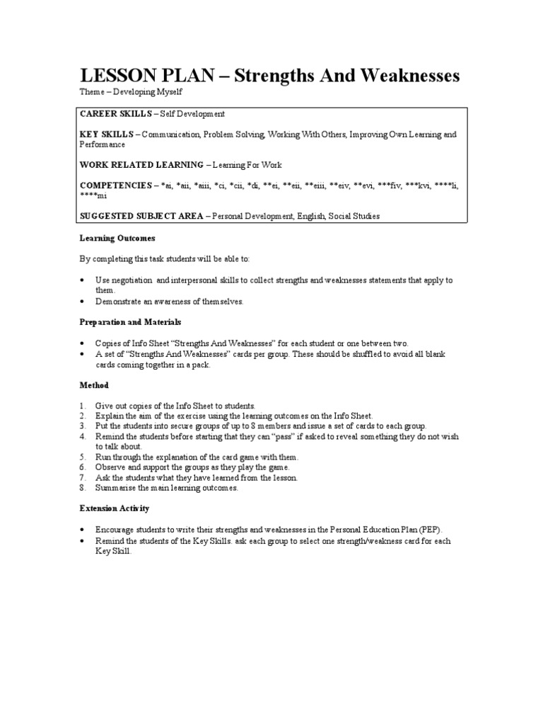 Lesson Plan 14 - Strengths and Weaknesses | PDF | Learning | Behavior ...